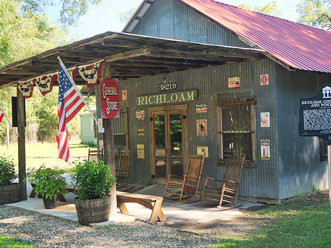 Richloam General Store: Where corrugated metal, rocking chairs, and an American flag create the perfect porch symphony of rural Americana.