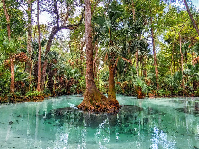 Nature's own infinity pool: Rock Springs' crystalline waters create an optical illusion where trees appear to float on liquid glass.