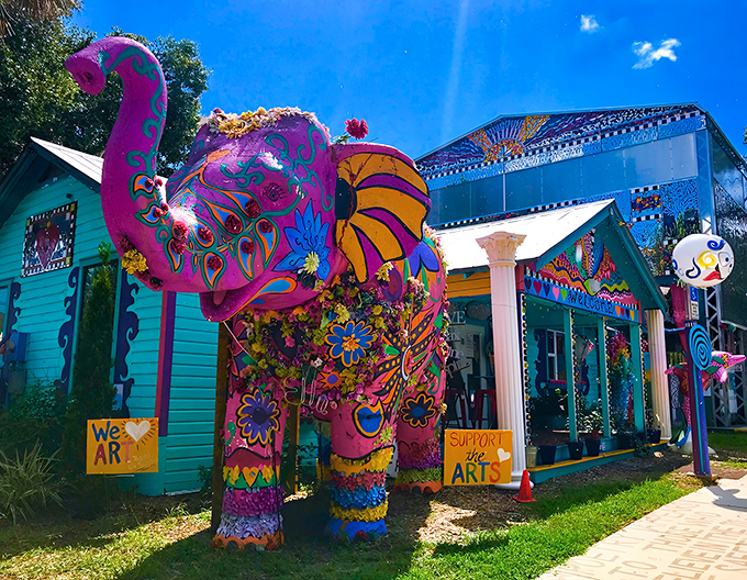 Safety Harbor Art and Music Center greets visitors with a psychedelic pink elephant guardian, proving Florida's most magical creatures aren't just found in theme parks.