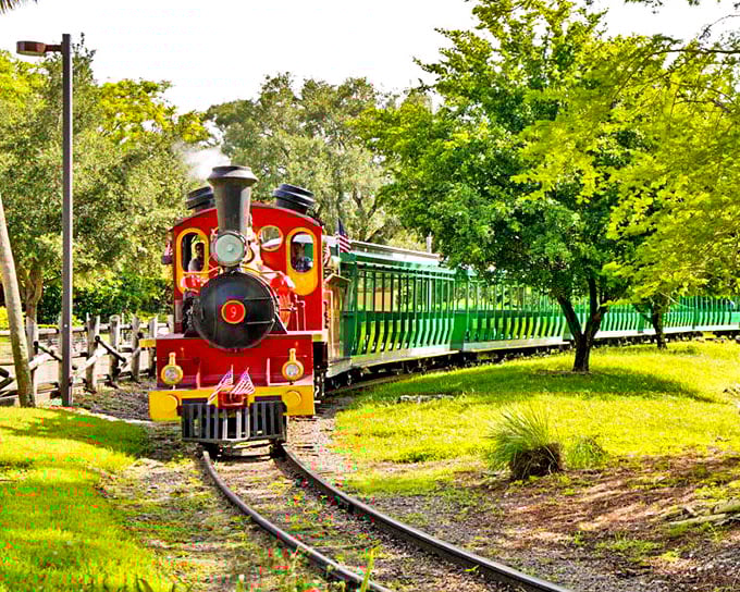 Serengeti Express: The crimson locomotive cuts through lush greenery, its vibrant red engine pulling emerald cars along tracks that promise wild encounters ahead.
