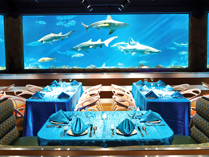 Elegant dining tables set against a massive aquarium backdrop where sharks glide past as casually as waiters with water refills.