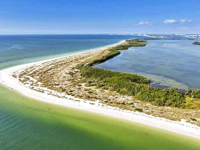 Shell Key Preserve: Nature's masterpiece unfolds in this aerial view, where emerald waters embrace pristine white shores like a perfect coastal hug.