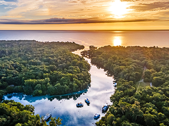 Sunset paints the sky gold over Silver Glen Springs, where crystal waters wind through lush Florida wilderness like nature's own masterpiece.