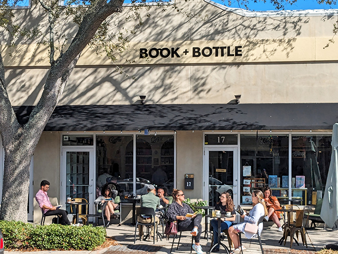 Sunshine dapples the inviting fa&ccedil;ade of Book + Bottle, where literary adventures and wine discoveries await behind those welcoming doors.