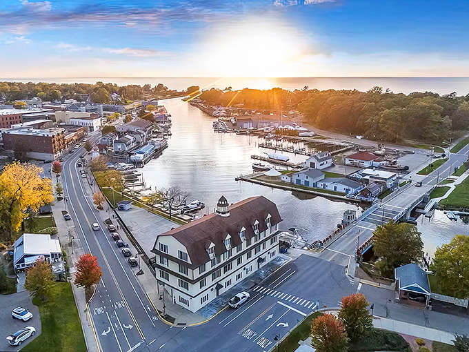 South Haven's waterfront charm captured from above, where boats bob peacefully and that white building probably serves excellent fish.