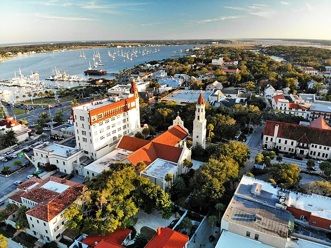 St. Augustine's skyline tells a 450-year story where Spanish towers and red-tiled roofs create Florida's most European cityscape.