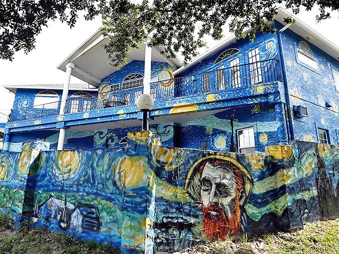 A swirling symphony of blues and yellows transforms this Mount Dora home into a living, breathing van Gogh masterpiece that stops traffic and starts conversations.