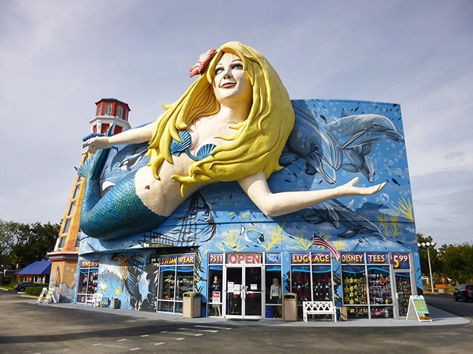 The Mermaid Gift Shop: A colossal blonde mermaid stretches across the building's facade, creating the most eye-catching landmark on International Drive. Subtle? Not a chance.