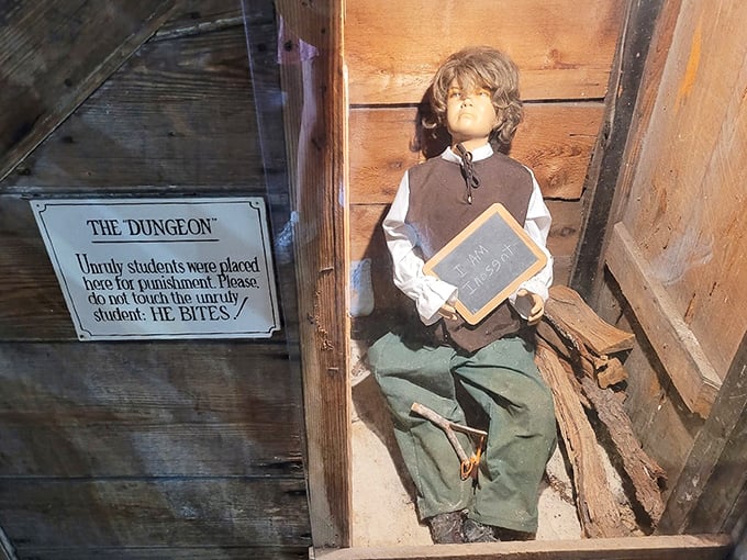 The Dungeon: Where misbehaving colonial students faced time-out, 18th-century style. That warning sign isn't kidding &ndash; this little fellow looks like he might hold a grudge!