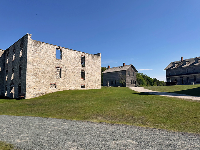 Weathered stone walls stand sentinel against time, whispering tales of Michigan's industrial past at Fayette Historic State Park.