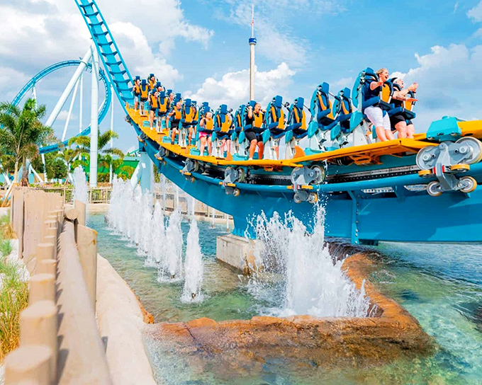 SeaWorld Orlando: Mako's striking blue track slices through the sky as riders experience weightlessness at 73 mph, mimicking its shark namesake's powerful glide through ocean waters.