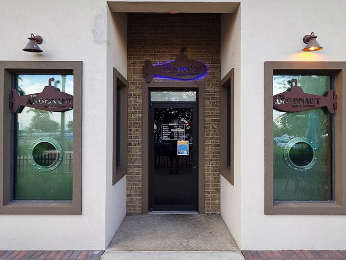 The Argonaut's exterior beckons with submarine-inspired porthole windows and metal cutouts &ndash; Jules Verne would approve of this nautical fantasy entrance.