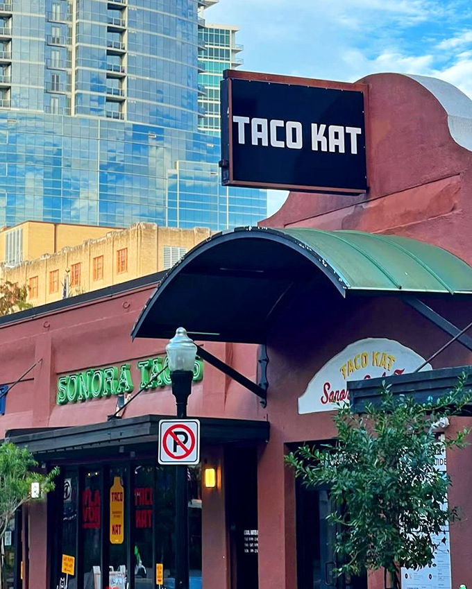 Taco Kat's vibrant red exterior stands defiant among Miami's glass towers, like a sombrero at a black-tie gala &ndash; authenticity hiding in plain sight.