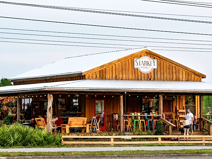 Rustic wooden charm with a welcoming porch &ndash; Starkey Market stands like a time-traveling cabin that somehow landed in modern Florida.