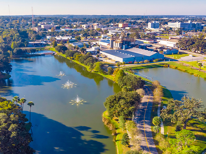 Aerial view of downtown Ocala with its sparkling lake fountains &ndash; where small-town charm meets surprising sophistication in Central Florida's horse country.