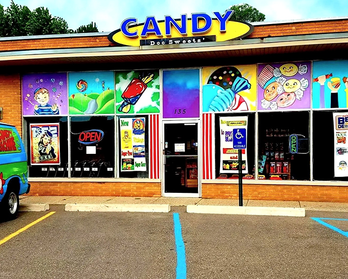 The vibrant storefront of Doc Sweets' beckons with cartoon-bright colors and whimsical designs, a sugar-coated portal to childhood joy.