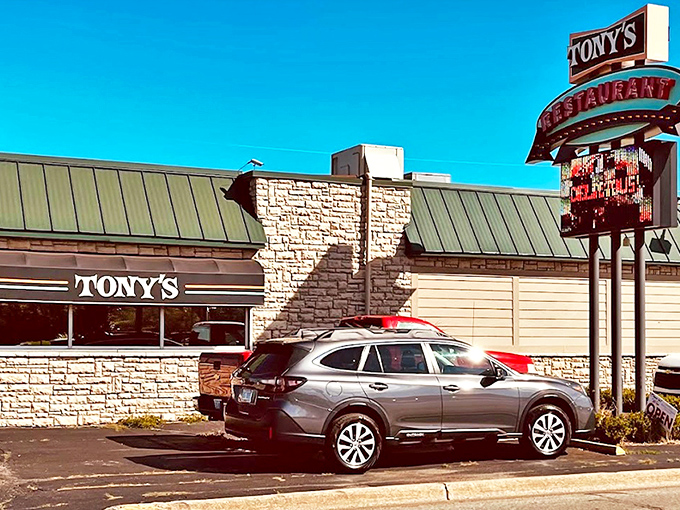 Tony's iconic exterior welcomes hungry travelers with its stone facade and vintage sign &ndash; a beacon of comfort food excellence off I-75.