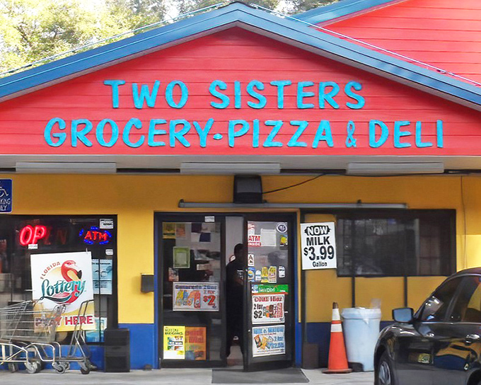 The rainbow-colored facade of Two Sisters Country Store stands out like a delicious mirage in Old Town, beckoning hungry travelers with its vibrant charm.