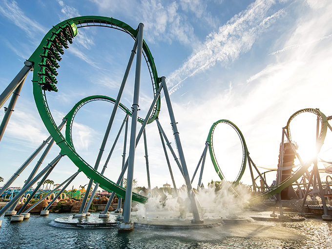 The Incredible Hulk Coaster launches thrill-seekers into a symphony of loops and twists, proving green really is the color of adrenaline.