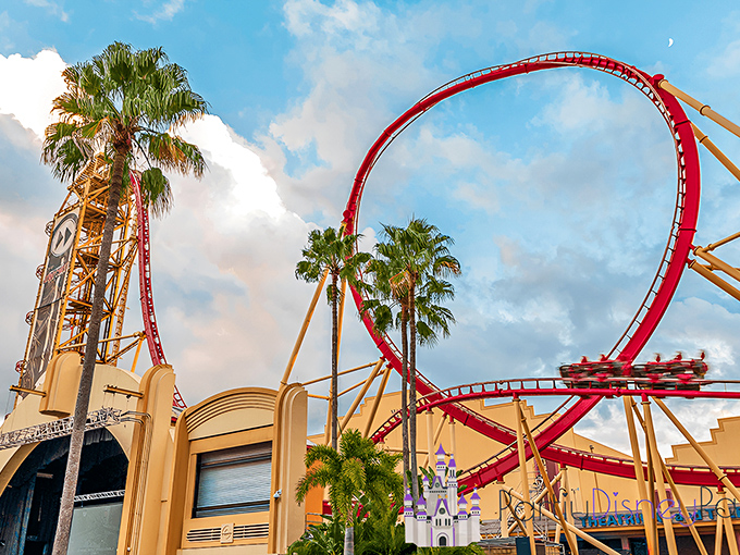 Hollywood Rip Ride Rockit soars 167 feet above Universal Studios, a crimson streak against Florida's blue sky that promises musical thrills and spectacular views.