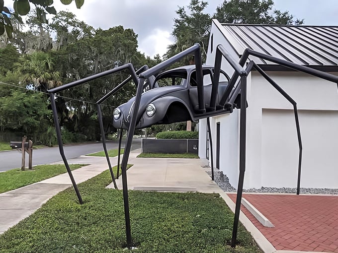The VW Bug Spider stands sentinel in Mount Dora, where automotive nightmares and artistic dreams collide in spectacular fashion.