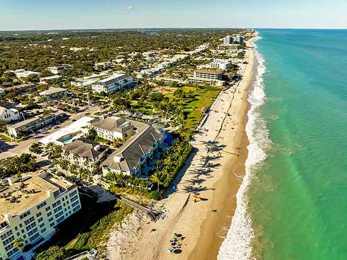 Turquoise waters meet pristine shoreline in this aerial view of Vero Beach, where the Atlantic stretches endlessly beneath Florida's famously photogenic skies.