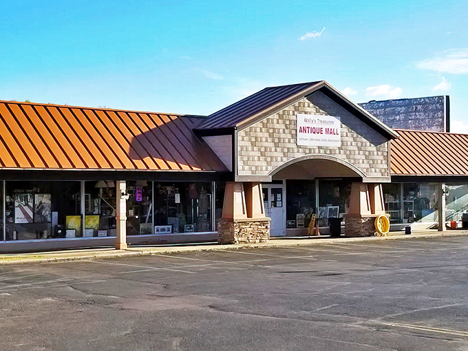 The unassuming exterior of Wally's Treasures Antique Mall hides a universe of vintage wonders within its walls.