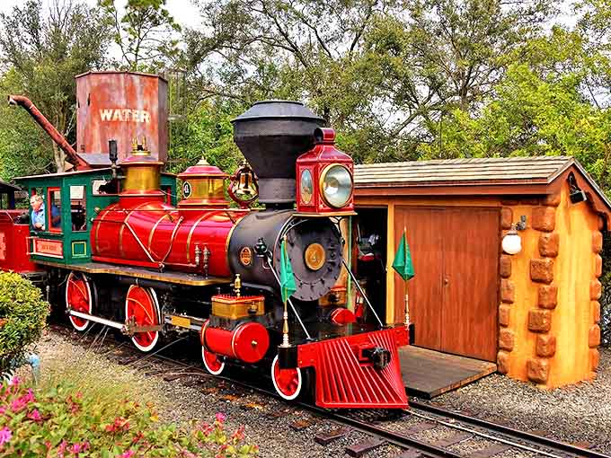 The Walt Disney World Railroad's vintage steam engine gleams in the Florida sunshine, its red and green livery a nostalgic throwback to railroading's golden age.