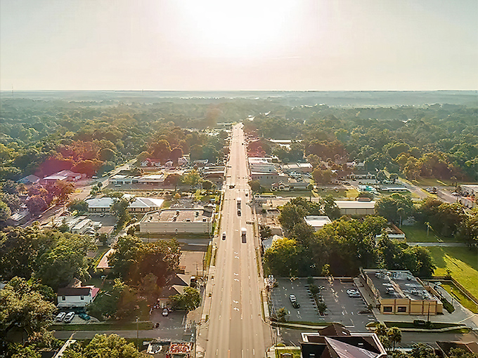 Where small-town charm meets big natural wonders, this aerial view showcases the perfect blend of community and countryside.