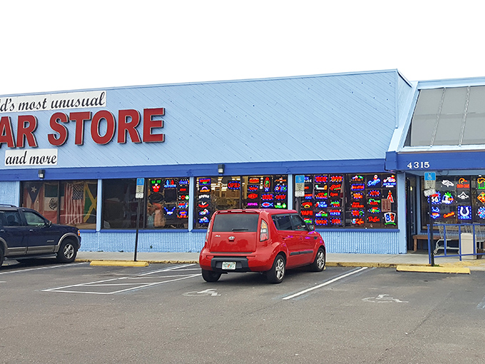 The iconic blue facade of "World's Most Unusual Dollar Store" promises retail adventures that live up to its bold name.