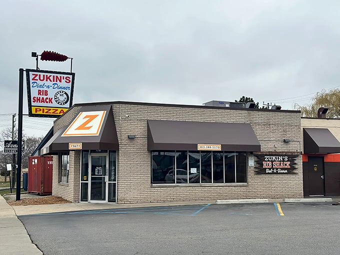 The iconic Zukin's Rib Shack storefront stands proudly in Lincoln Park, its vintage sign promising barbecue bliss to all who enter.