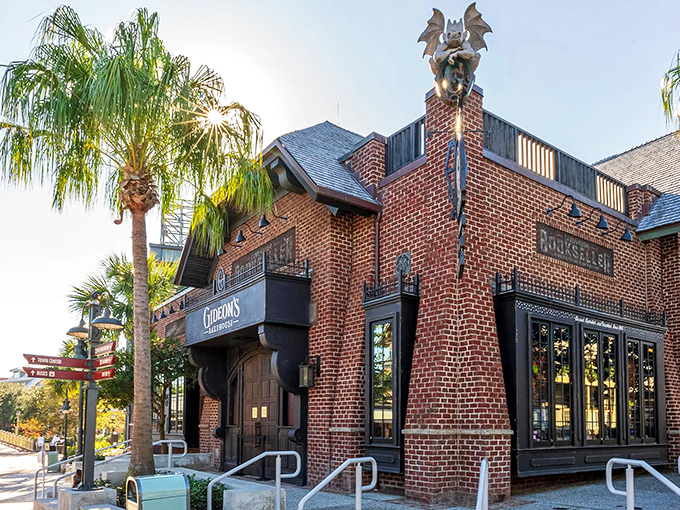 Gideon's Bakehouse stands like a Victorian confectionery fortress, complete with a watchful gargoyle guarding its sweet treasures within.