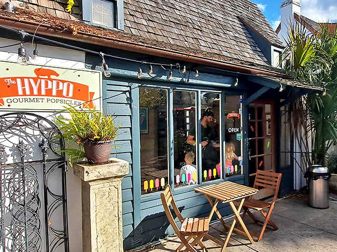 The charming blue exterior of The Hyppo beckons like a frozen oasis amid St. Augustine's historic streets, promising sweet relief from Florida's relentless sunshine.