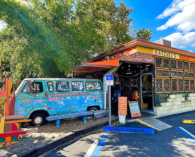 A psychedelic pizza paradise awaits! Satchel's iconic blue VW van welcomes hungry visitors to this Gainesville institution where normal is nowhere on the menu.
