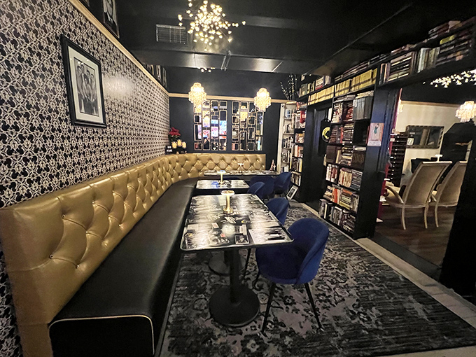 Gold banquettes and blue velvet chairs create the perfect backdrop for both deep literary discussions and lighthearted gossip.