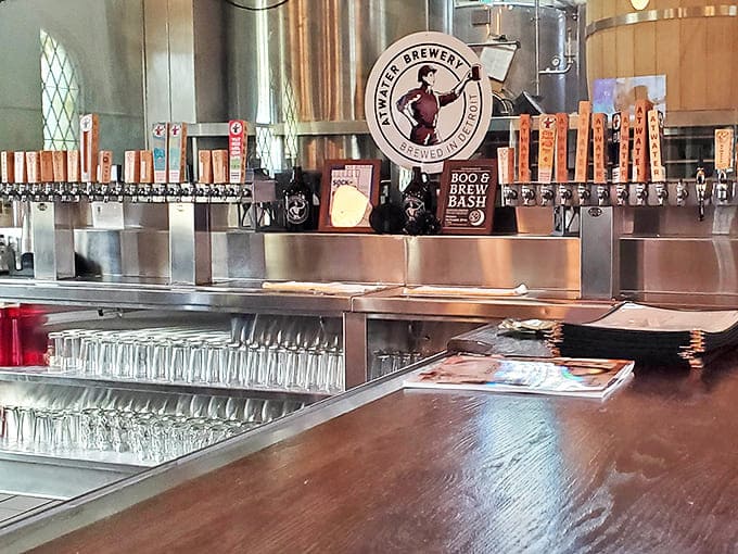 The bar stretches across what was once the chancel, with gleaming taps lined up like an orderly choir ready to sing the praises of hops and barley.
