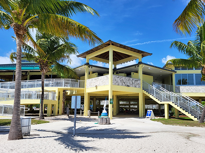 As day transitions to evening, the beachfront restaurant glows with promise of cold drinks and fresh seafood after sun-soaked adventures.