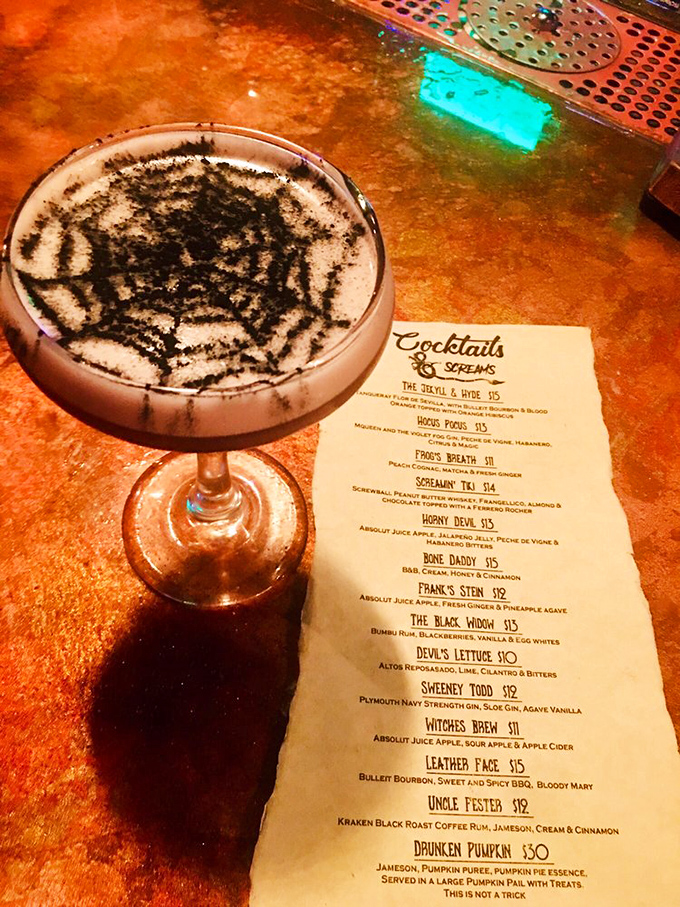 The "Black Widow" cocktail features an intricate spider web design dusted across its frothy top &ndash; almost too beautiful to drink, but far too tempting to resist.