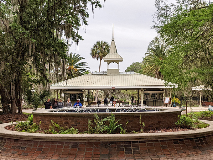 The park's fountain plaza &ndash; where visitors gather to plan their adventures or rest their feet after exploring.