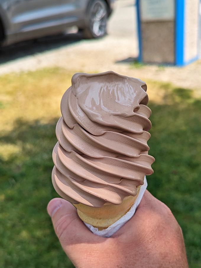A chocolate lover's dream cone, spiraled to perfection&mdash;the kind that makes you eat quickly before gravity wins the melting race.
