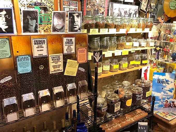 The coffee bean display showcases carefully selected varieties, each labeled with Beatles-inspired names that make choosing your home brew an adventure.