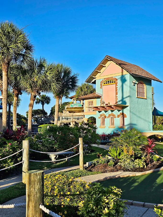 Colorful Garden House: Caribbean-inspired architecture brings vibrant personality to the course, with palm trees framing structures that would make Jimmy Buffett feel right at home.