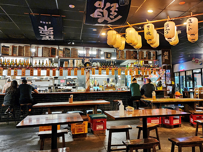 Colorful banners and lanterns fill the dining room with lively charm as guests enjoy their meals.