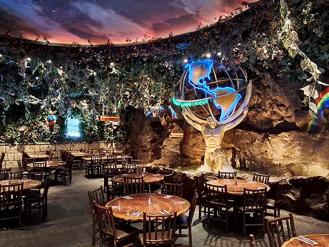 The dining area transforms eating into theater with dramatic lighting, artificial skies, and enough atmosphere to fill ten regular restaurants.