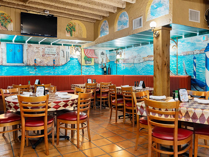 Hand-painted murals of Venice transport diners to Italian canals, creating an immersive backdrop for culinary adventures.