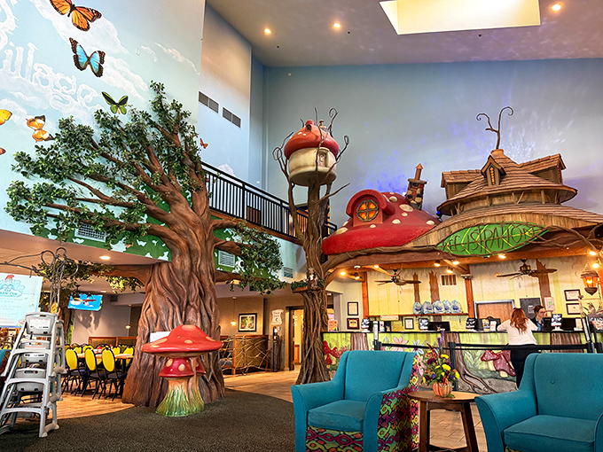 The enchanted forest theme continues in the dining area, where giant mushrooms and fantasy elements create an immersive experience.