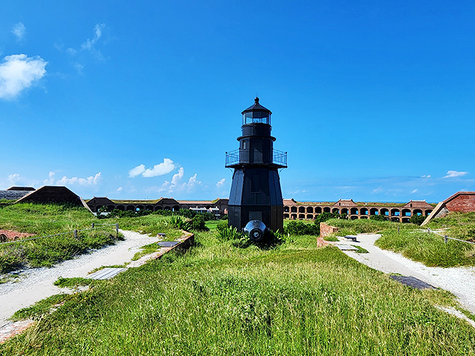 The historic Garden Key Lighthouse stands watch, a sentinel from another era against an impossibly blue backdrop.