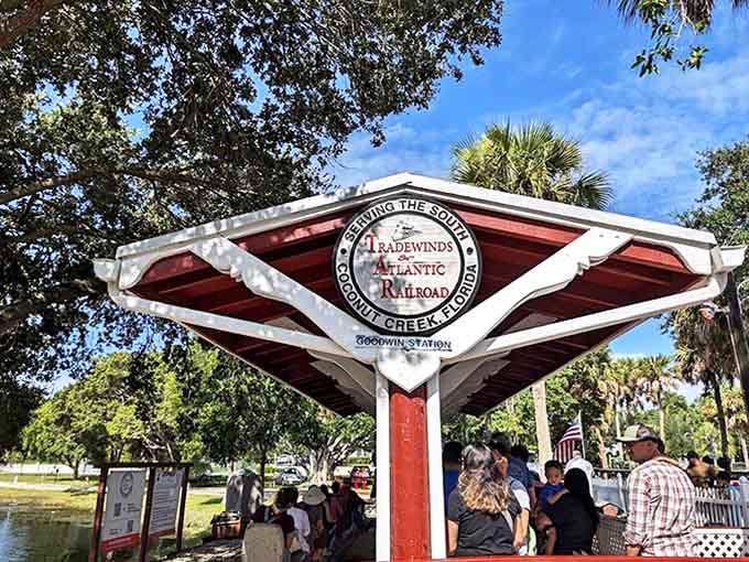 Goodwin Station's distinctive diamond-shaped sign welcomes railroad enthusiasts and curious families alike to this miniature wonderland.