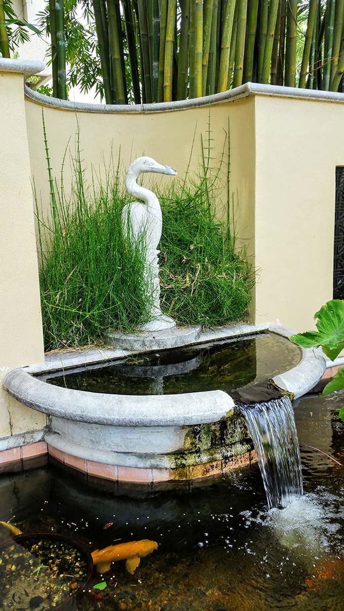 The heron fountain creates a zen-like soundtrack as water cascades into the koi pond, where orange fish flash like underwater flames.