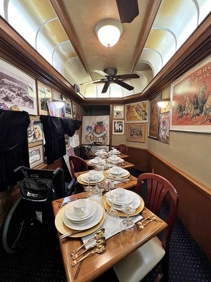 Another view of the dining car reveals the careful preservation of vintage details alongside modern comforts like ceiling fans.